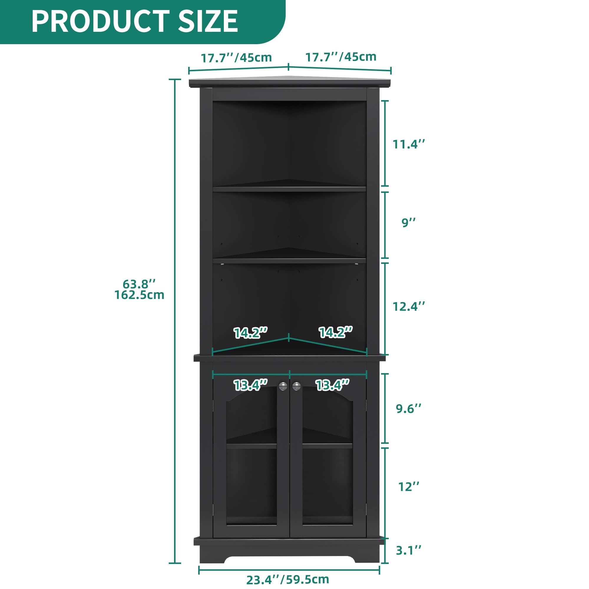 YITAHOME Corner Storage Cabinet with LED Light 64" Tall Bathroom Cabinet Storage, RGB Lights Corner Cabinet with Doors and Adjustable Shelves for Living Room, Bedroom, Bathroom, Office, Black