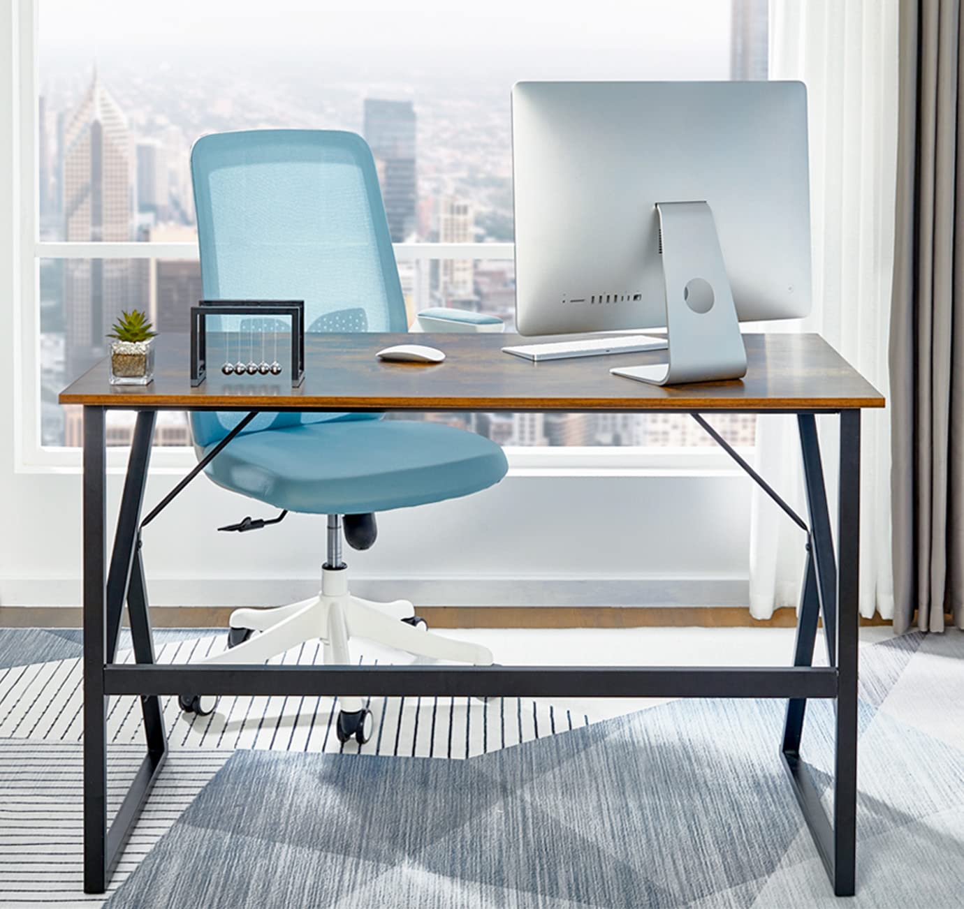WOHOMO Computer Writing Desk 47 inch for Small Space,K-Shaped Sturdy Home Office School Kid Table,Wood Metal Workstation Simple Modern PC Stand Desk,Rustic Brown Vintage