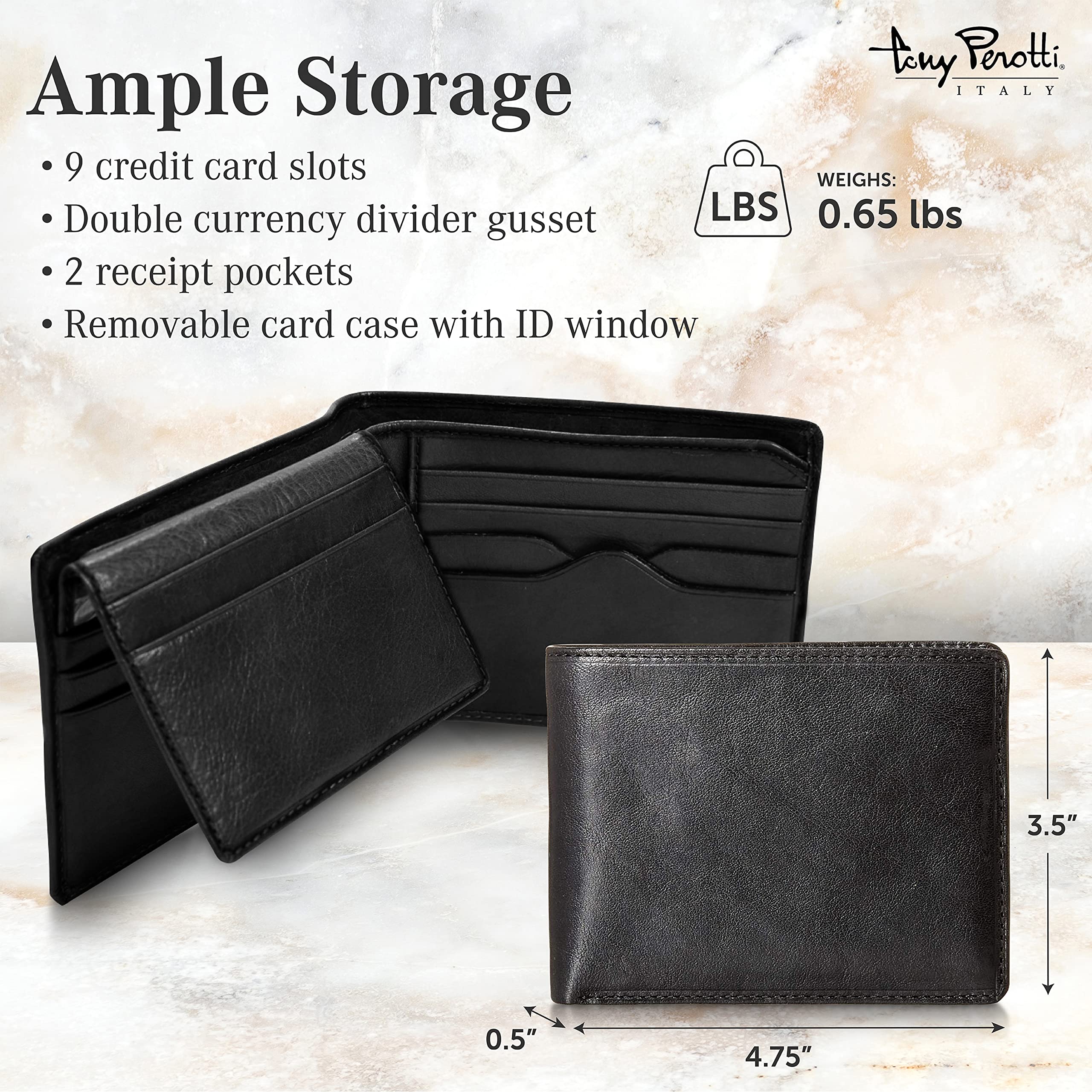 Tony Perotti Men's Italian Leather Slim Bifold Wallet With ID Window Holder, Card Holders, Cash & Receipt Pockets - Eco-Friendly Vegetable-Tanned Full Grain