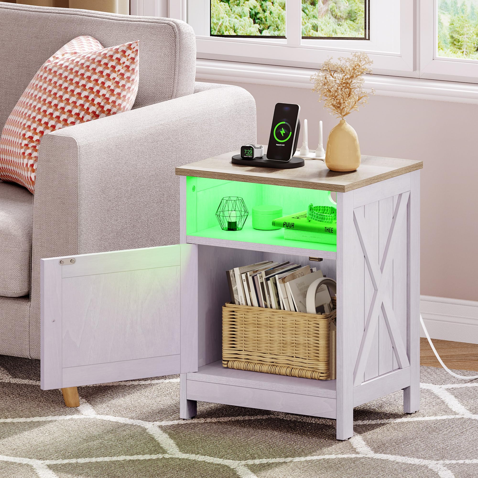 YITAHOME Farmhouse Nightstand with LED Lights & Charging Station, Night Stands with Storage Cabinet for Bedroom, End Side Table Bedside Table with Storage Shelf, Set of 2, Silver Grey + Rustic White