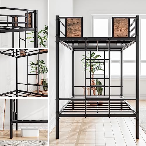 VECOCHO Metal Bunk Bed Twin Over Twin with 2- Side Ladder and Full-Length Guardrail,Space-Saving Design/No Box Spring Needed/Noise Free,Black & Vintage Brown