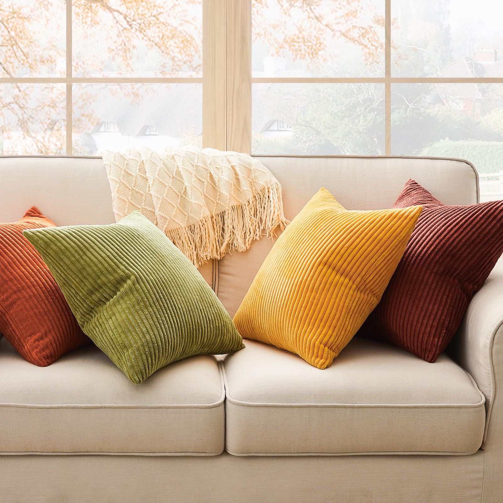 Topfinel Fall Burnt Orange Decorative Throw Pillows Covers 18x18 Inch Set of 4,Yellow Green Gradient Series Corduroy Striped Square Pillow Case,Western Modern Cushion Cover for Couch Sofa Bedroom