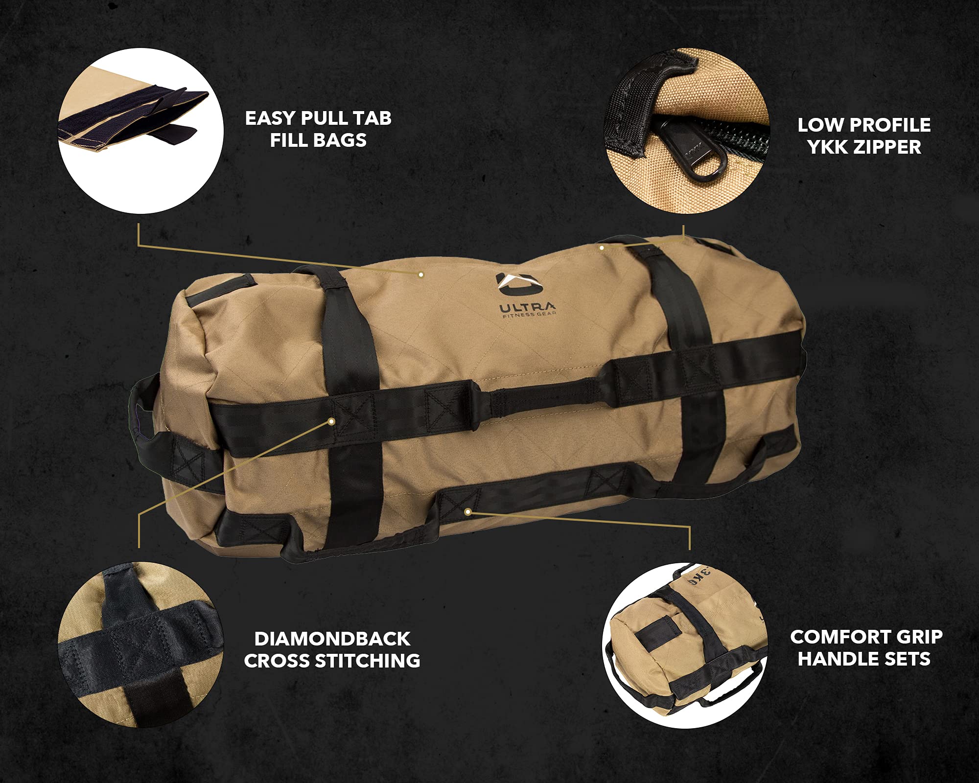 Ultra Fitness Workout Exercise Sandbag - Heavy Duty Sand-Bag for Functional Strength Training, Dynamic Load Exercises, WODs, General Fitness and Military Conditioning (Large 50-125lbs, Tan)