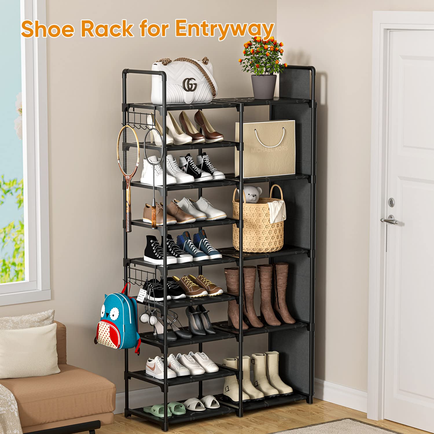 XJJX 9-Tier Shoe Rack Organizer, 28 Pairs Metal Shoe Rack for Closet Boots Organizer Shoe Storage with Side Bag Stackable Shoe Stand for Entryway Hallway and Bedroom