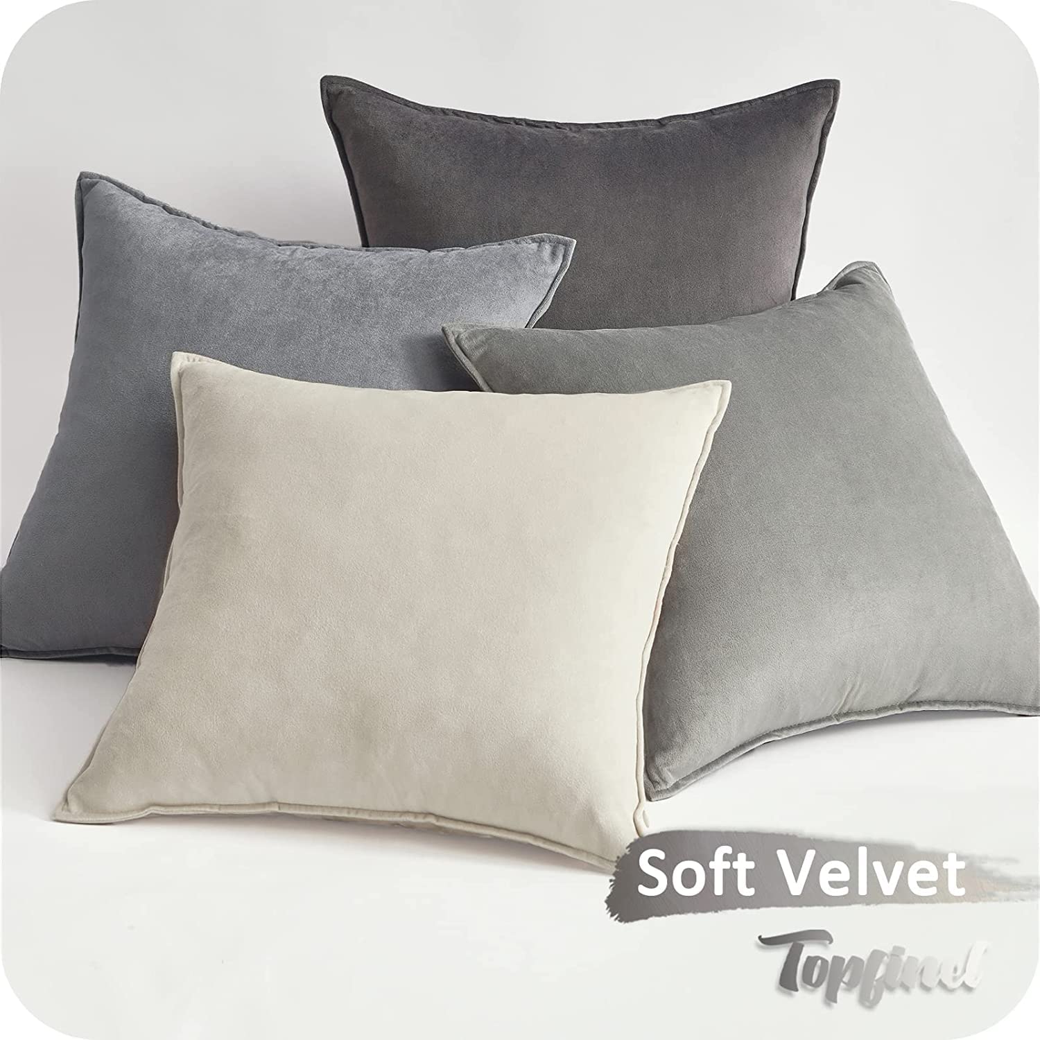 Topfinel Gray Throw Couch Pillows Covers for Living Room,Soft Velvet Square 18 Inches (18x18) Pillow Covers Set of 4,Grey Pillow Set Neutral Room Decor for Bed Sofa Chair