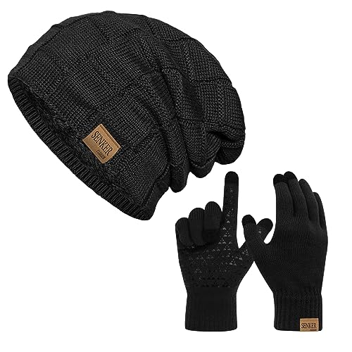 Winter Beanie Hat and Touchscreen Gloves Set for Men Women Warm Slouchy Beanie Thick Knit Gloves Fleece Lined Skull Cap, A-Black(2 Pcs)