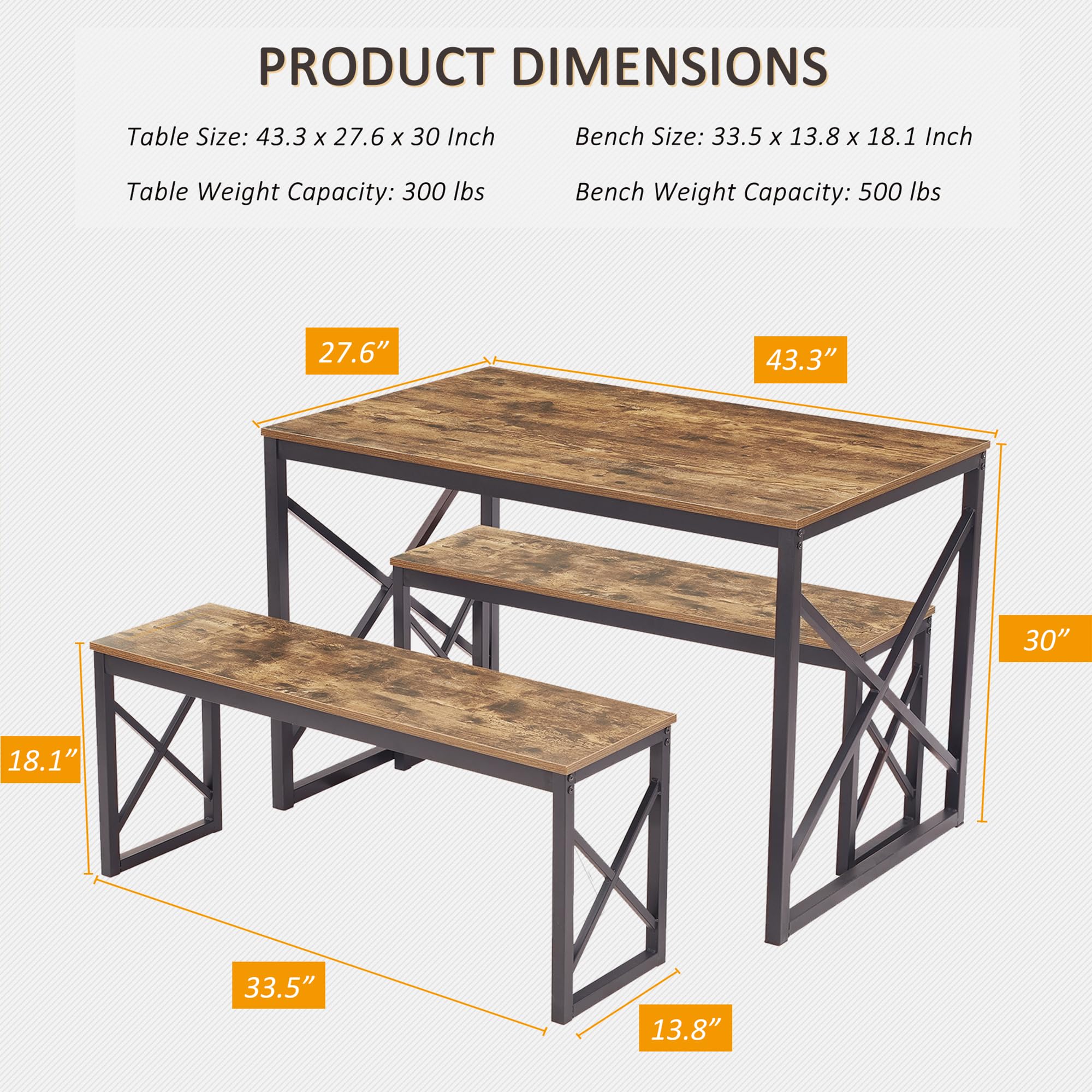 VECELO 43.3 Inch Dining Table Set for 4, Rectangle Dinner Breakfast Dinette with 2 Benches, Thickened Metal Frame & Board, for Kitchen, Living Room, and Small Space, 43.3", Rustic Brown