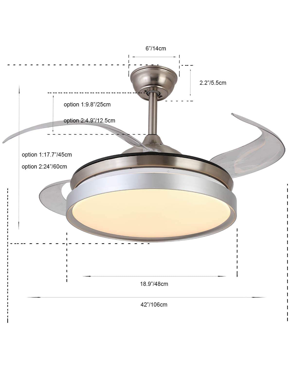 XM Retractable Ceiling Fan with Light and Remote Control Invisible Blades Ceiling Fan Chandelier LED 3 Light Color Change for Bedroom Living Room, 42 Inch
