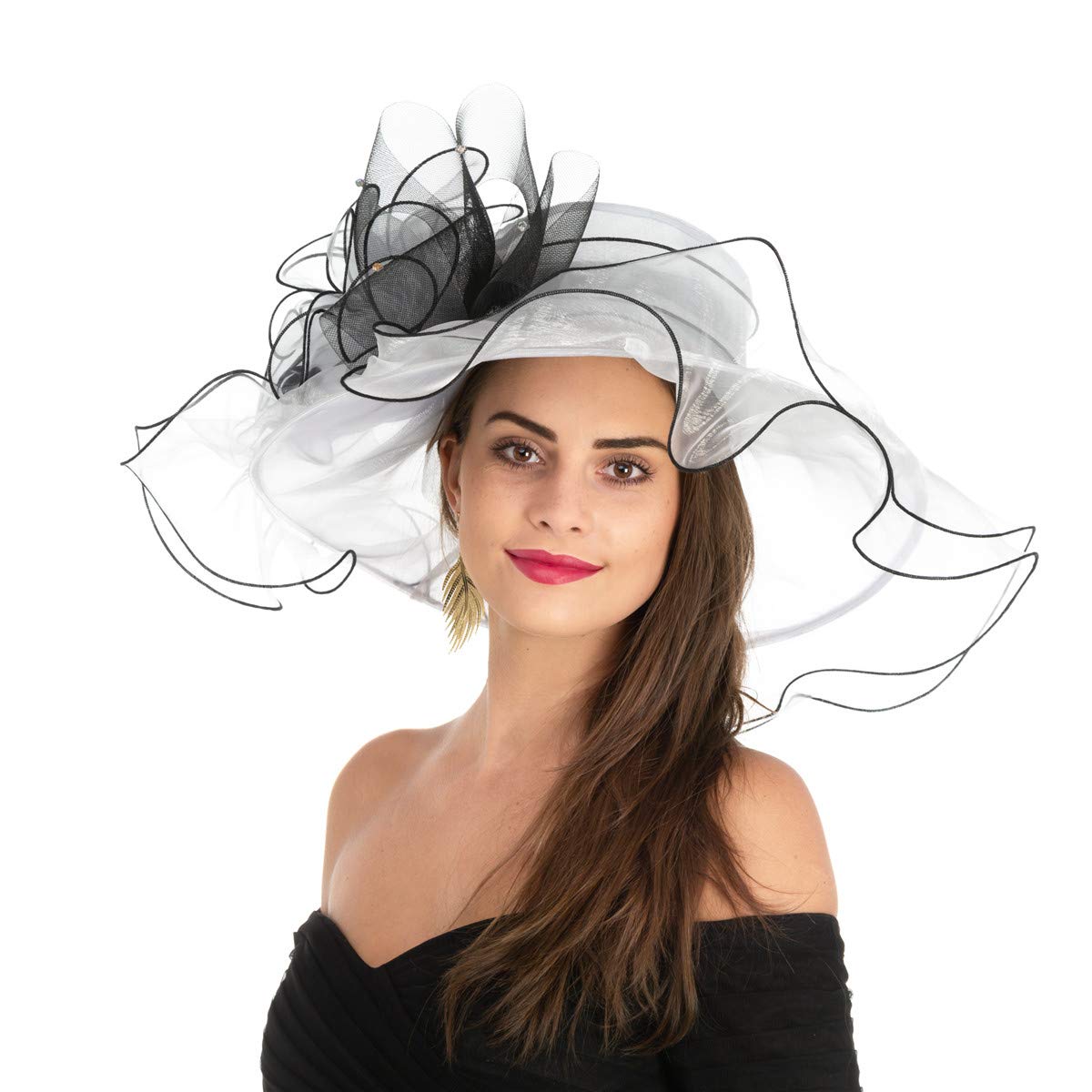 Women's Organza Church Kentucky Derby British Fascinator Bridal Tea Party Wedding Hat Summer Ruffles Cap(HL-White Black Line)