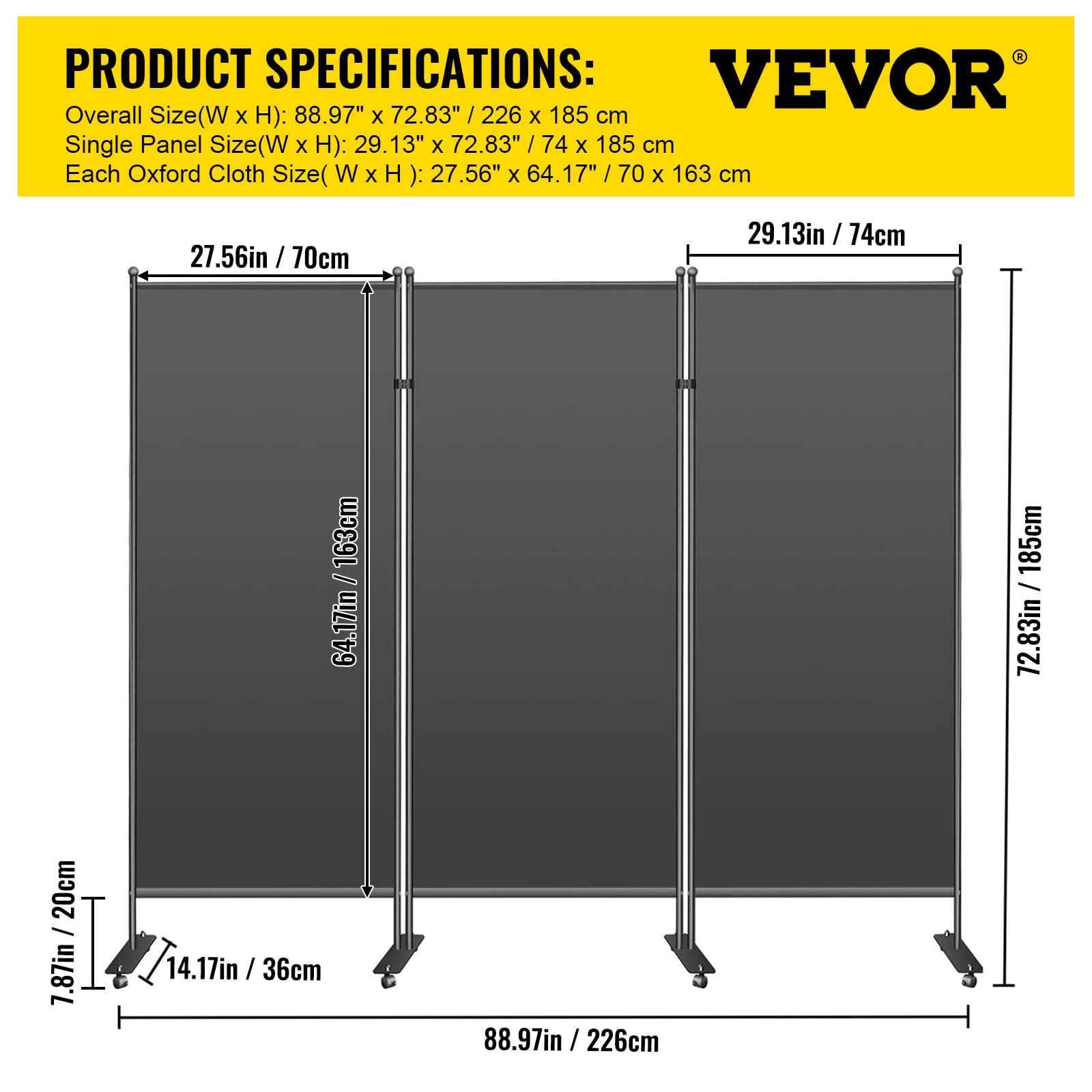 VEVOR Room Divider 6ft, Room Divider Wall 3 Panels, Partition Room Dividers 89"x73", Folding Room Divider, Panel Room Divider, Folding Privacy Screen with Wheels (Black) for Home, Dorm, Office