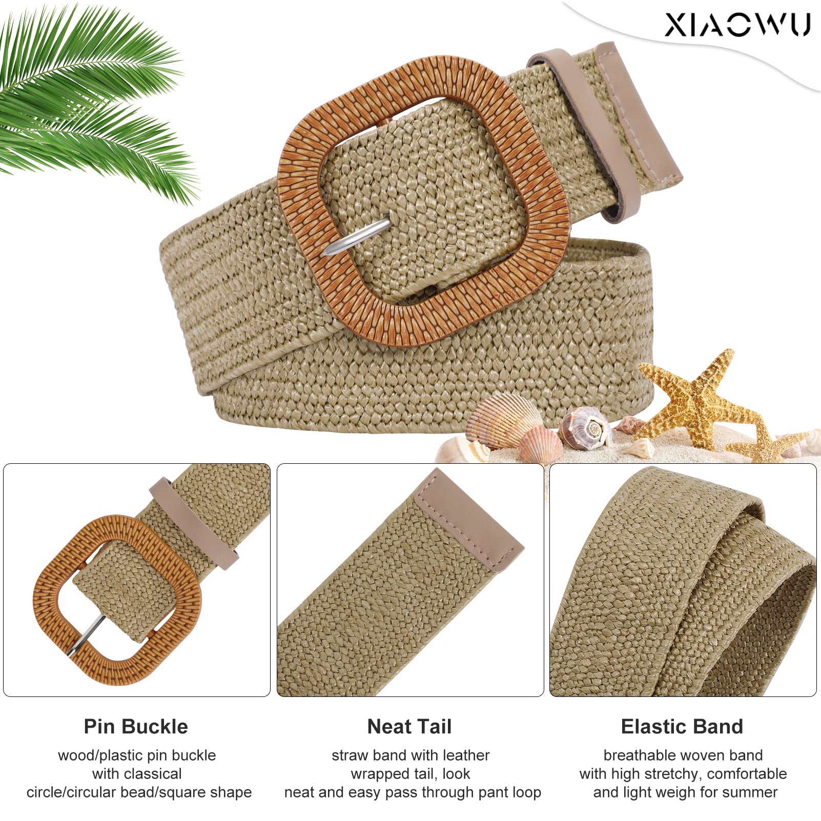 XIAOWU 2 Pack Elastic Woven Waist Belts for Women Dress, Stretchy Boho Braided Straw Band Belt Wide 1.77 Inches