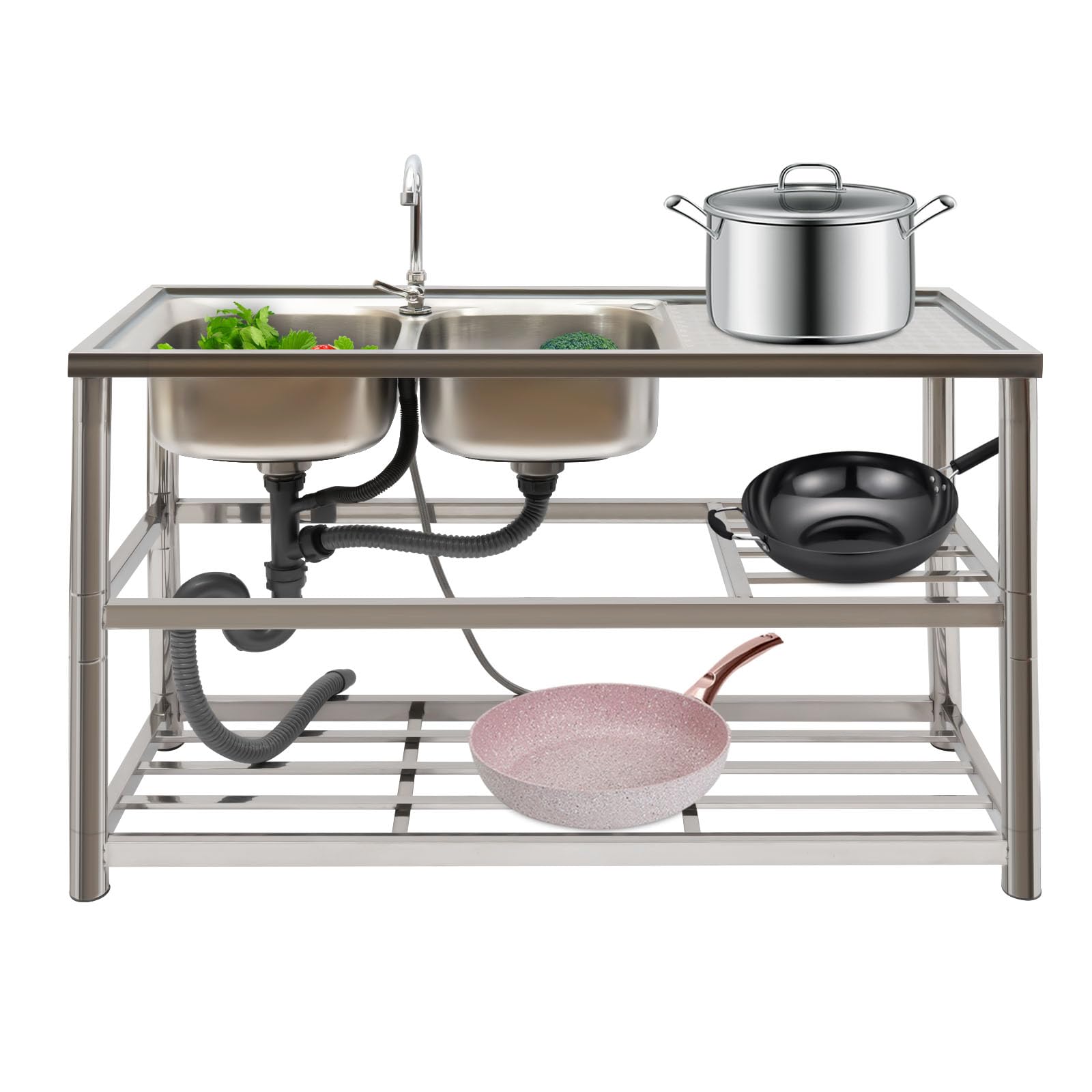 WINUS Free Standing Stainless-Steel Double Bowl Commercial Restaurant Kitchen Sink Set w/Faucet & Drainboard, Prep & Utility Washing Hand Basin w/Workbench & Double Storage Shelves Indoor Outdoor