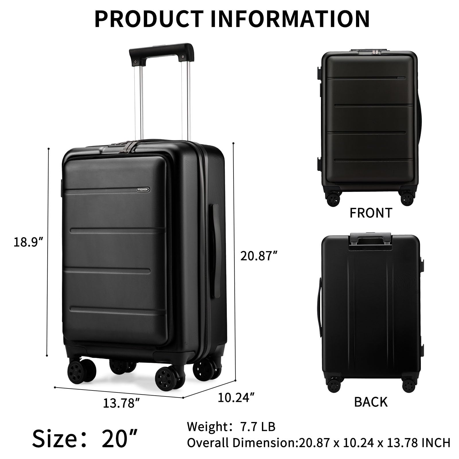 YUNASAY Aluminum Frame 22x14x9 Carry on Luggage with Front Compartment & USB Charging Port, PC Hardside Suitcase with Spinner Wheels TSA Lock for Travel Rolling Luggage (Titanium Gray, 20inch)