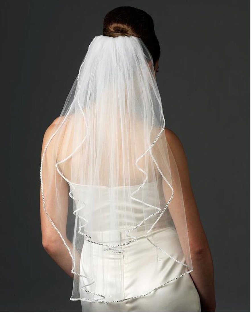 Top-Sexy Diamond White 2 Tiers 36"Fingertip Length Bling Diamonds Lined Wedding Bridal Veil 07