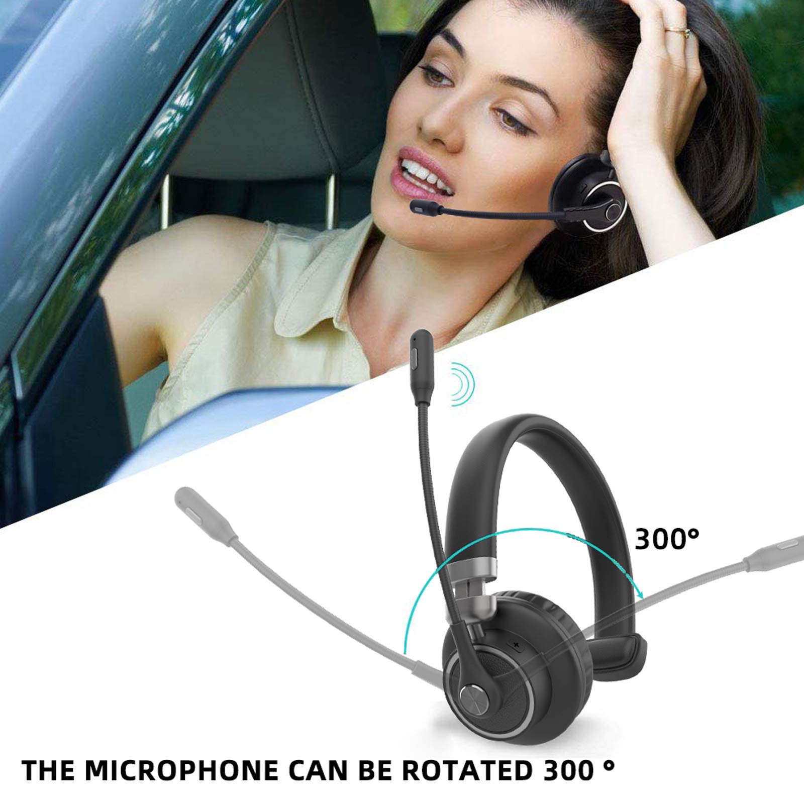 Yezonic Bluetooth Headset with Noise Canceling Microphone V5.0, Truck Wireless Headset with Mic Mute, 24hrs Clear Talk Time Comfort for Car Driver Office Business Call Center Home Work Cell Phone PC