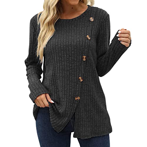 Sweater Dress Womens Sweaters 2023 Fall Winter Sweater Long Sleeve Crew Neck Comfy Loose Knit Pullover Jumper Tops Deco with Buttons Grey