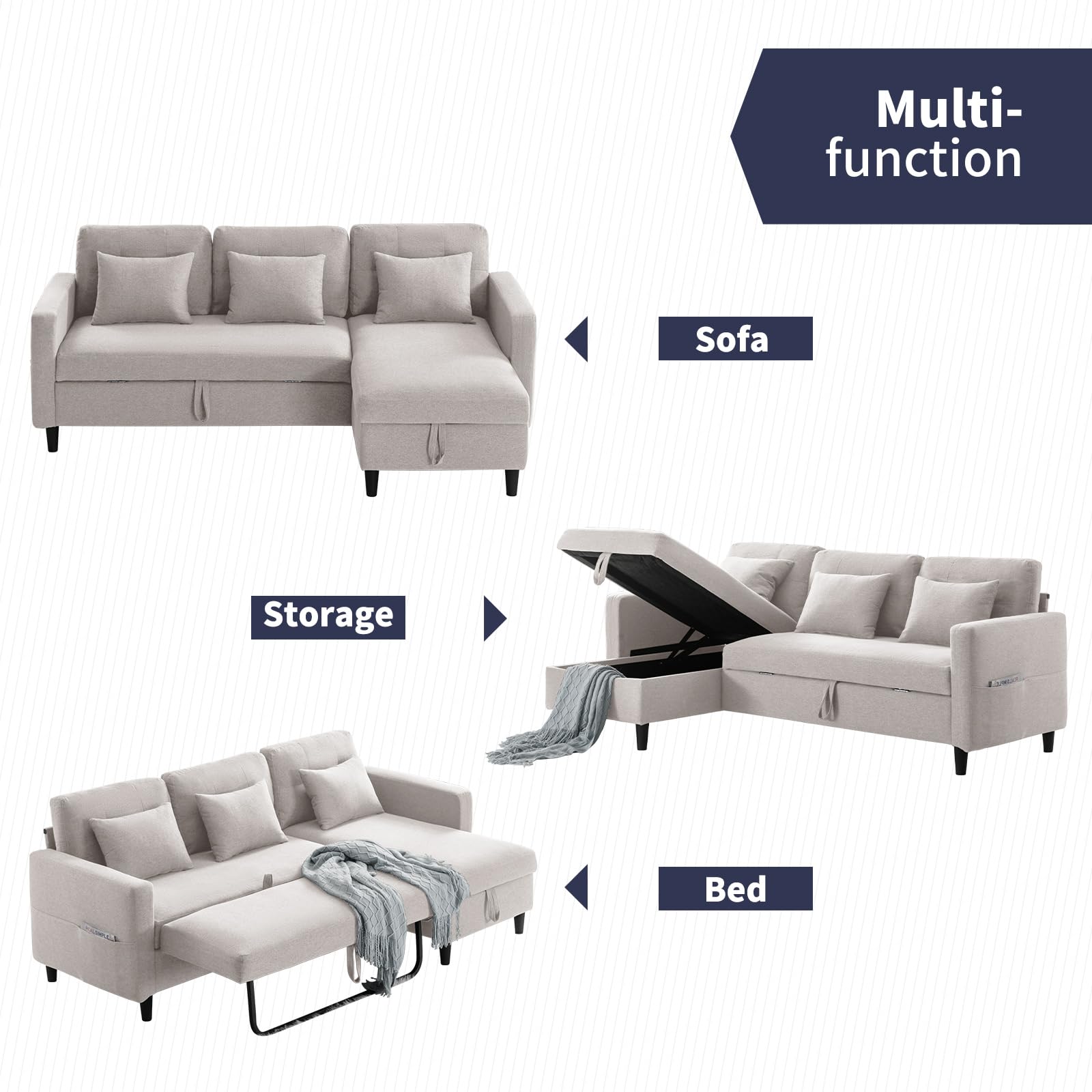 ZAFLY Folding Sofa Bed, Convertible Sectional Sleeper Sofa with Storage Chaise, 91 Inch Pull Out Couch, L-Shape Sofa Couch, Linen Upholstered 2 in 1 Sofa Bed for Living Room Office Apartment - Beige