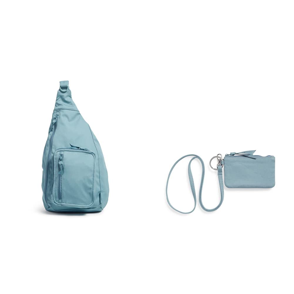 Vera Bradley Medium Sling Backpack, Reef Water Blue-Recycled Cotton Zip Id Case and Lanyard Combo, Reef Water Blue-Recycled Cotton