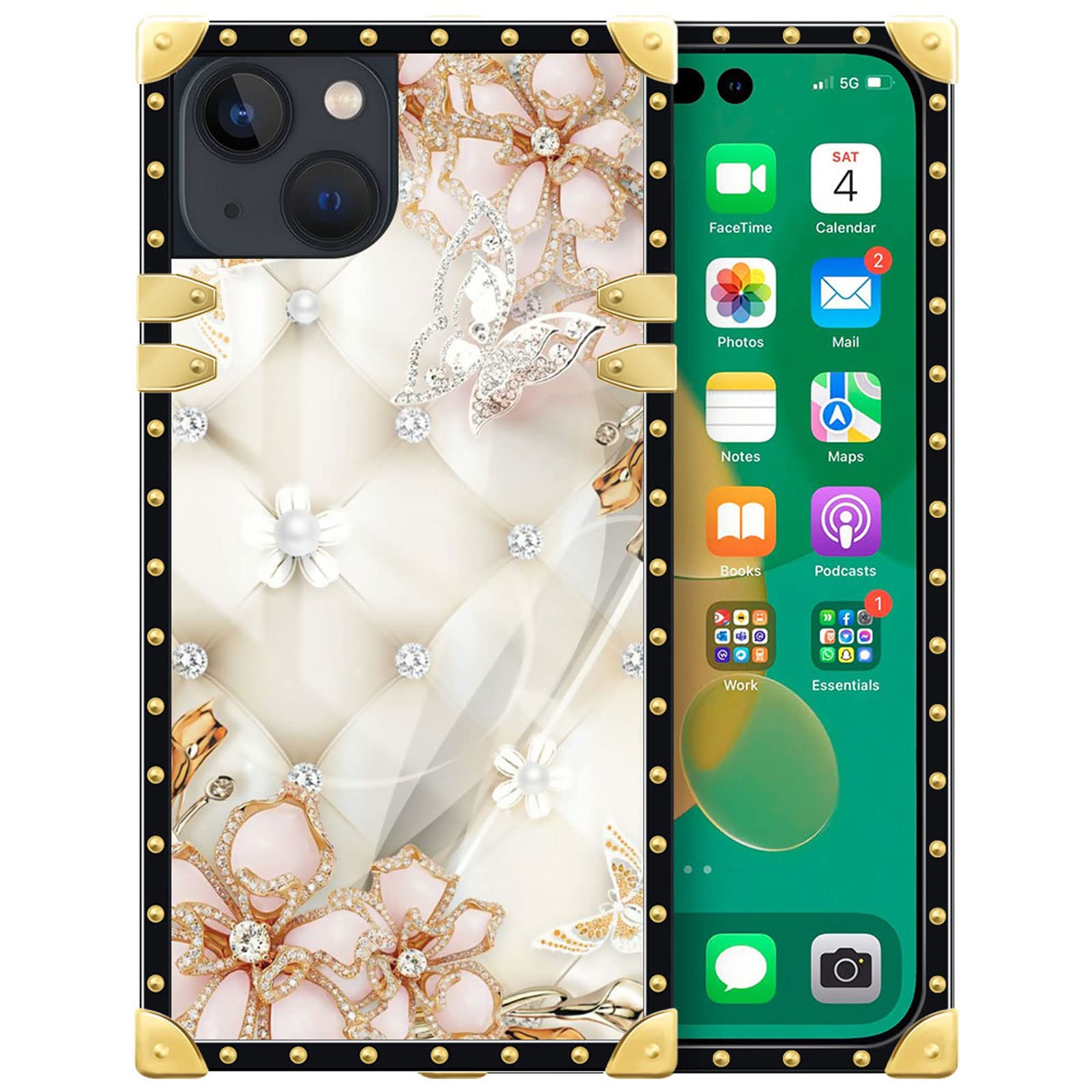 Toulas Case Compatible with iPhone 14 Plus Case,Golden Butterfly Flower Diamond Cases Luxury Gold Decorative Square Soft TPU Anti Scratch Drop Protection Hard PC Back for iPhone 14 Plus