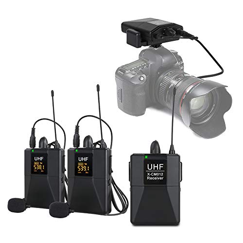 XTUGA X-CM012 UHF Dual Wireless Lavalier Microphone, UHF Lapel Mic System with 16 Selectable Channels Come with Two 3.5mm Cables up to 164ft Range for DSLR Camera/DV/Camcorders/Audio Recorder