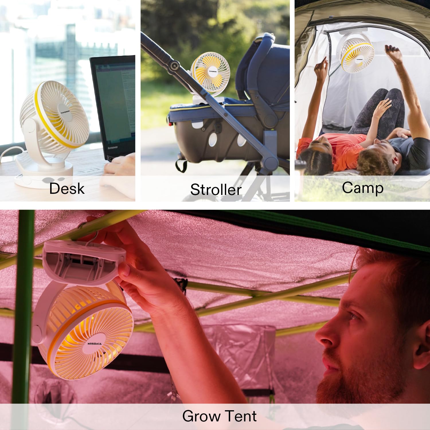 VIVOSUN USB Powered Clip on Fan, 4 Speeds & 2 Level Light Adjustable, 6 inch Desk Fan with Strong Airflow, Sturdy Clamp & Hanging Hook for Grow Tent Bedroom Dorm Office Gym Camp Stroller