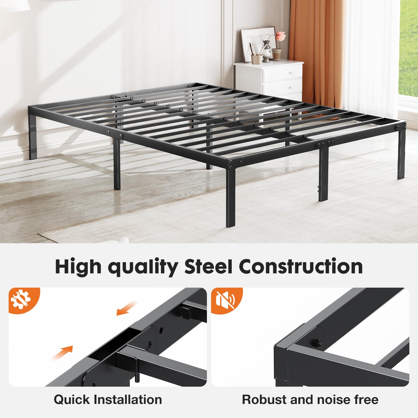 Sweetcrispy Queen Bed Frame - Metal Platform Bed Frames Queen Size with Storage Space Under Frame, Heavy Duty, 14 Inches, Sturdy Steel Slat Support, No Box Spring Needed