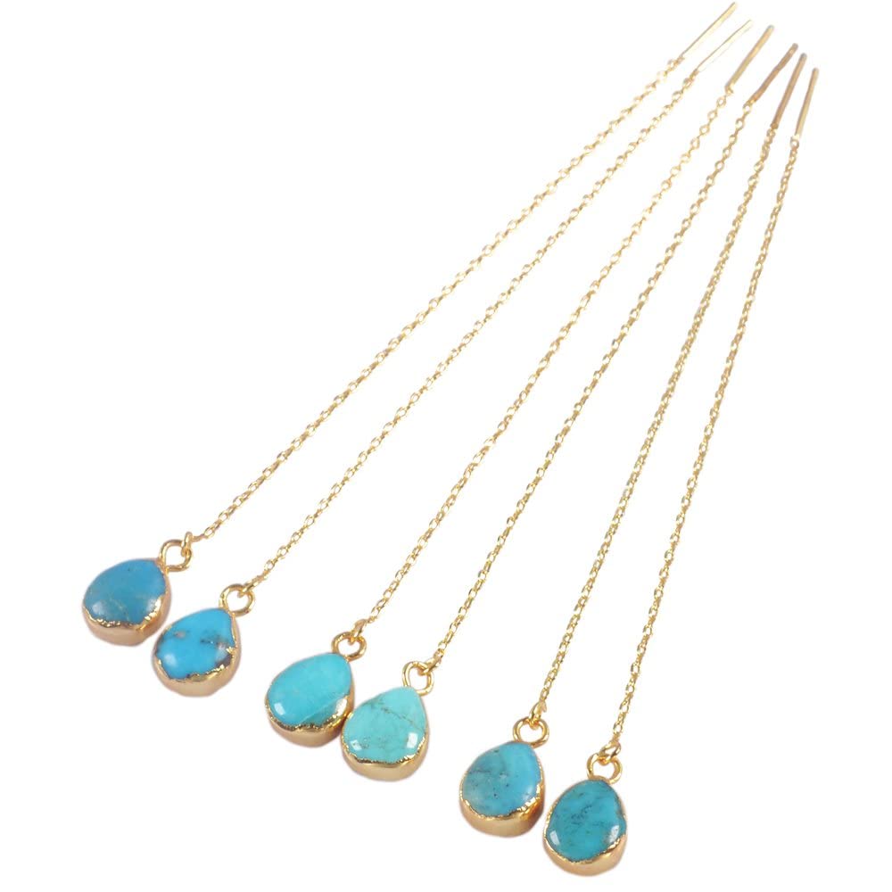 ZENGORI 1 Pair Gold Plated Teardrop Natural Turquoise Ear Threader Drop Dangle Earrings 3.5" G1345