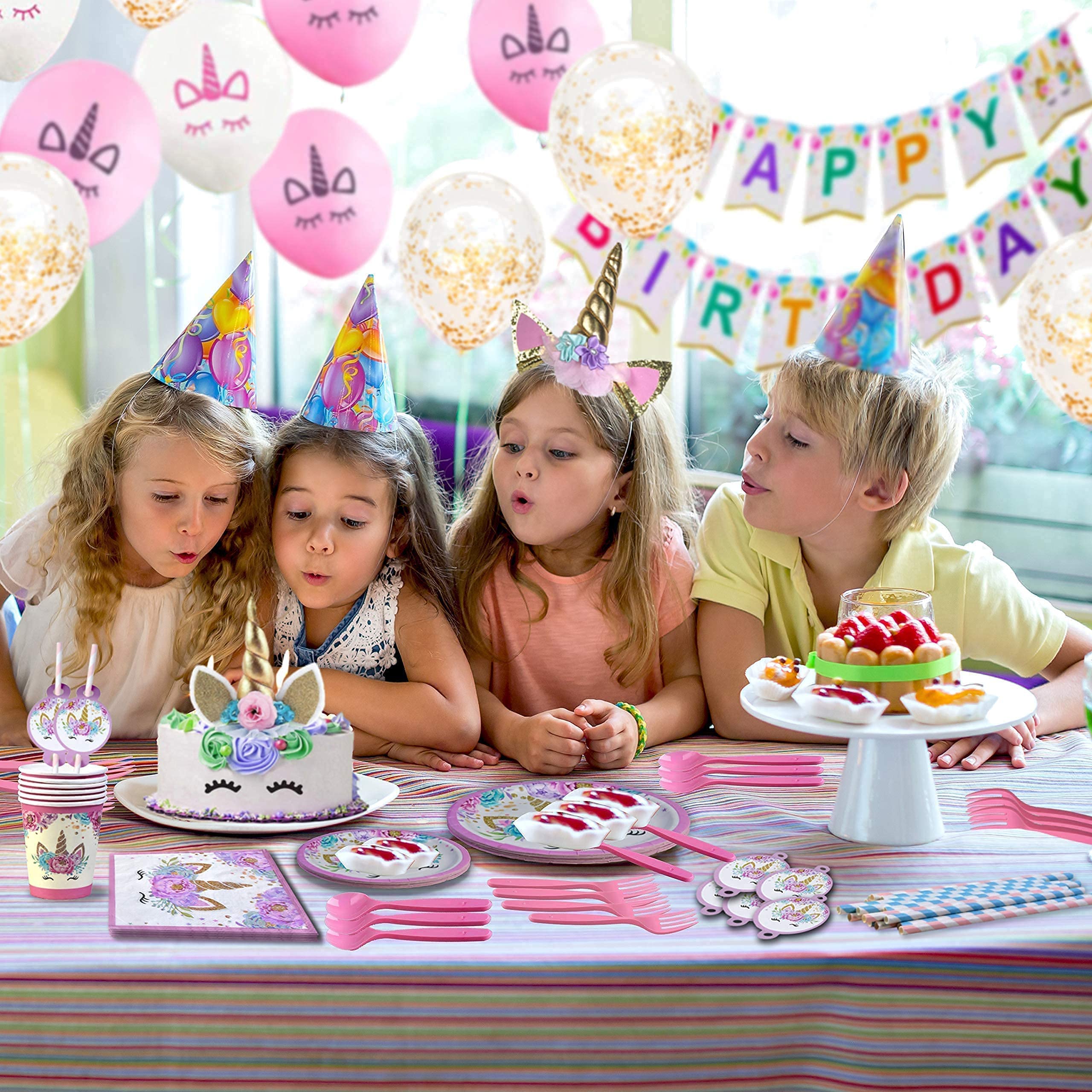 Unicorn Party Supplies Set - Serves 24 - Including Birthday Banner ,Large Tablecloth, Plates, Cups, Napkins, Straws , Headband, Sash, Unicorn Balloons & Much More.