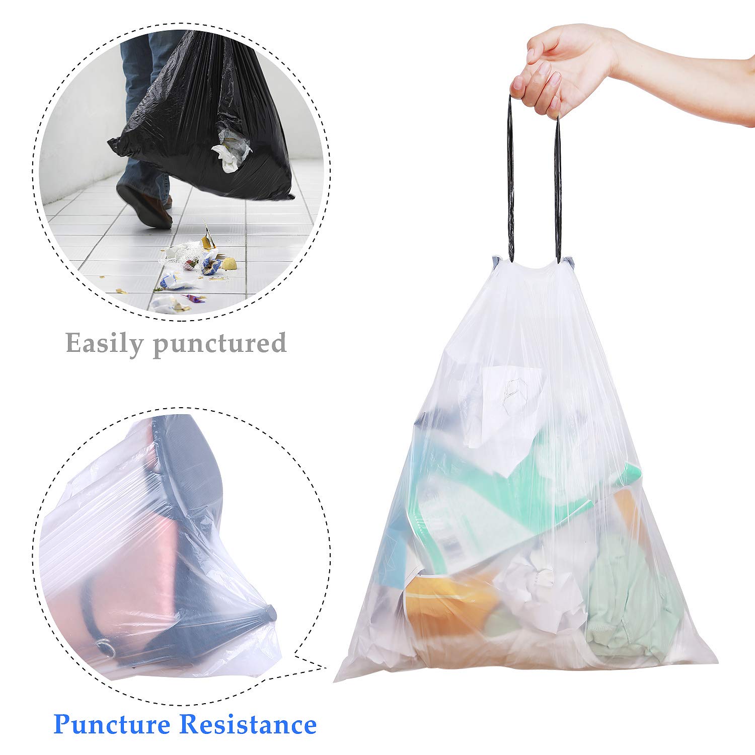 YIHATA 6 Gallon Trash Bags, 60 Count Small Drawstring Trash Bags for Bedroom, Bathroom, Kitchen, Office (15 Liter, White)