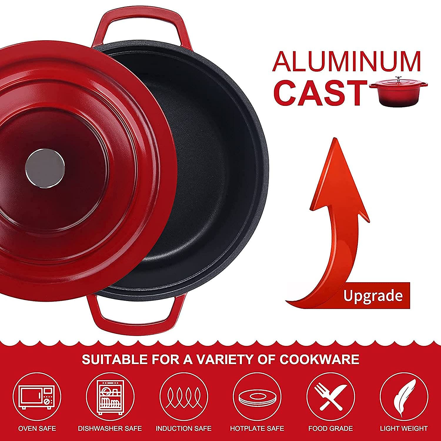 swiflon Dutch Oven Pot with Lid 6.8-QT Cast Aluminum Nonstick Casserole, Lightweight Cookware Braiser Pot Suitable for Meats, Soups, Bread Baking in Oven, Red