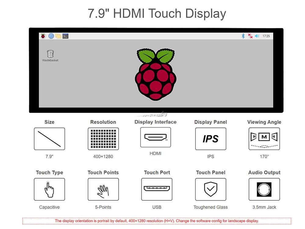 XYGStudy for Raspberry Pi 7.9 inch IPS Capacitive Touch Screen HDMI LCD Display Monitor 400×1280 Toughened Glass for Jetson Nano Raspberry Pi 4 3 Raspbian Ubuntu Kali WIN10 IoT Retropie Driver Free