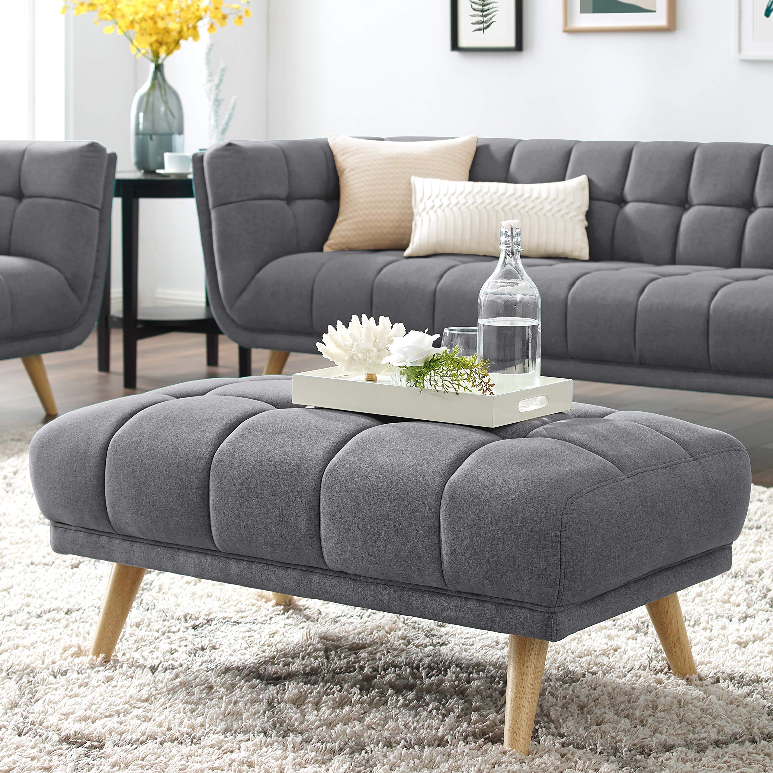 Volans Tufted Ottoman Large, Mid Century Modern Rustic Microfiber Fabric Uphstered Low Rectangle Leisure Couch Ottoman Table with Wood Legs for Living Room/Bed Room/Dorm/Home/Office(Pure Grey)
