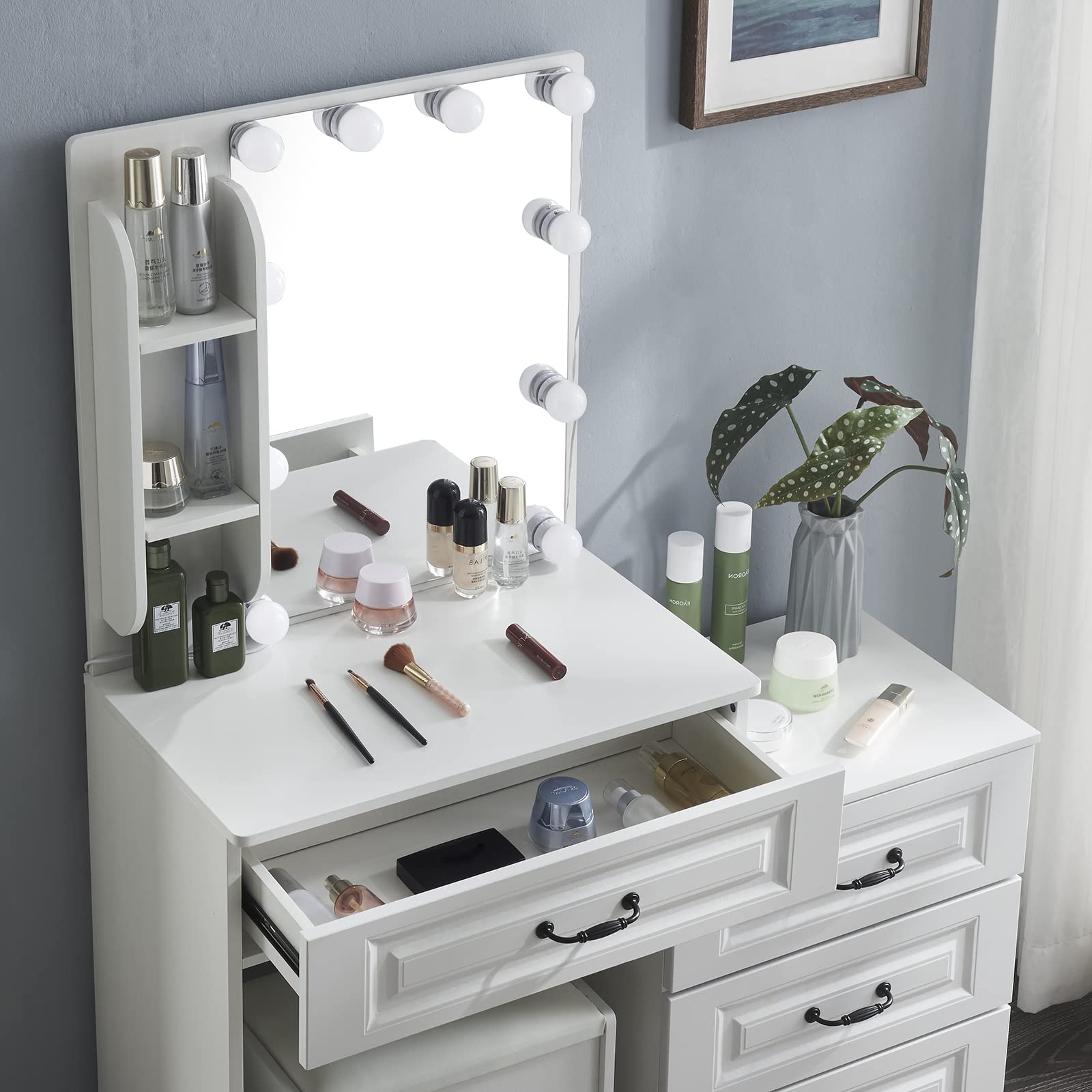 Vanity Desk with Mirror and Lights, Makeup Table with 4 Drawers, 3 Lighting Modes Adjustable Brightness, Dressing Table for Girls, White