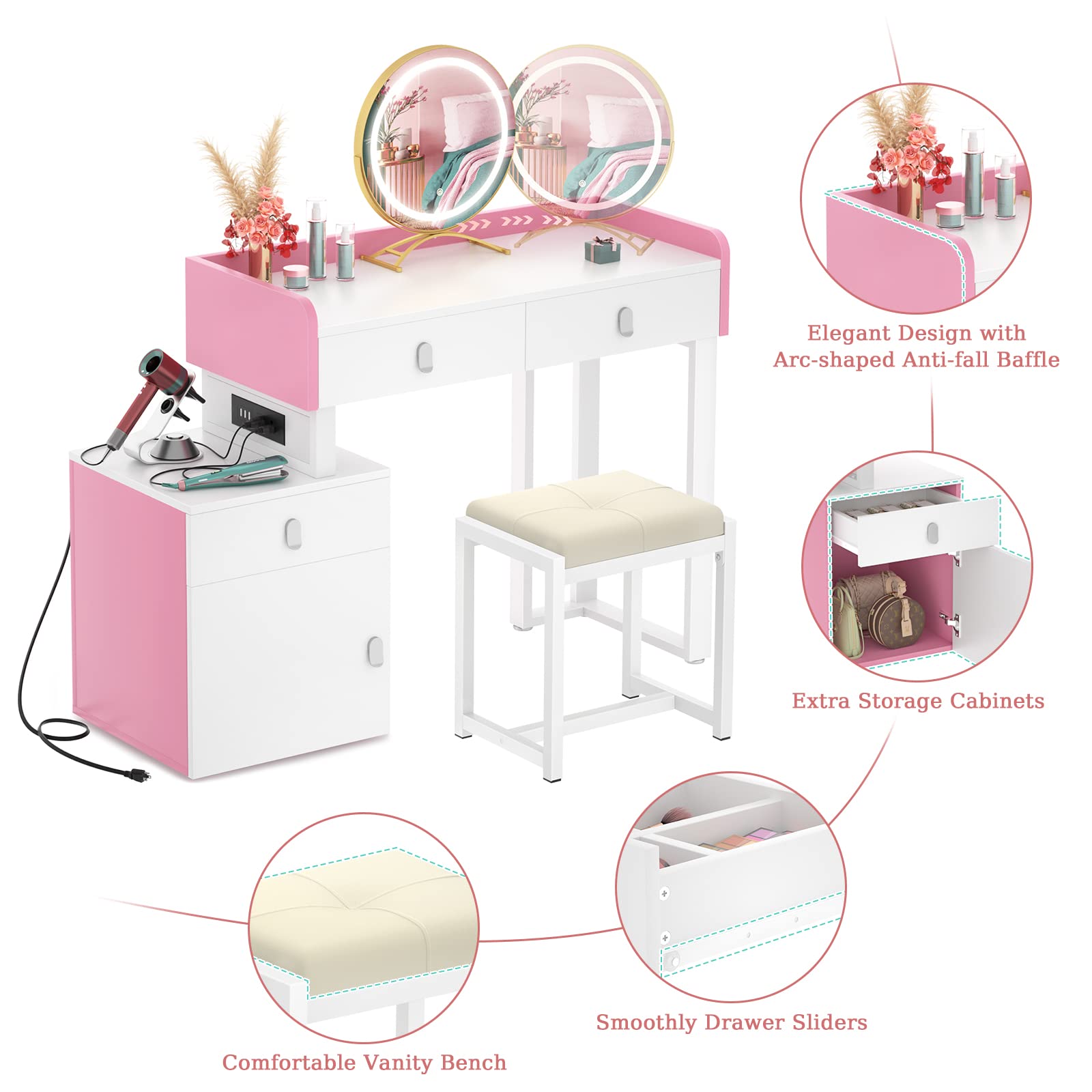 Vanity Desk with Lighted Mirror & Power Outlets, 44'' Makeup Vanity Set with Lights & 3 Drawers, Vanity Mirror with Lights Desk & Chair, Dressing Table with Reversible Cabinet & Stool, White & Pink