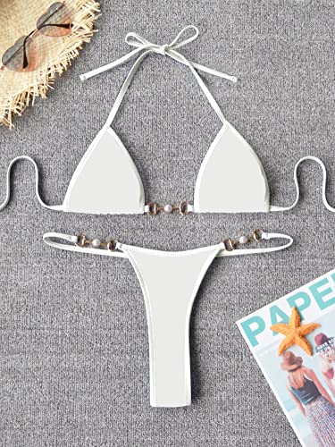 swimall Women's Triangle Thong Bikini Set Sexy Brazilian Two Piece Swimsuit Cute Bathing Suit - Solid White - Small