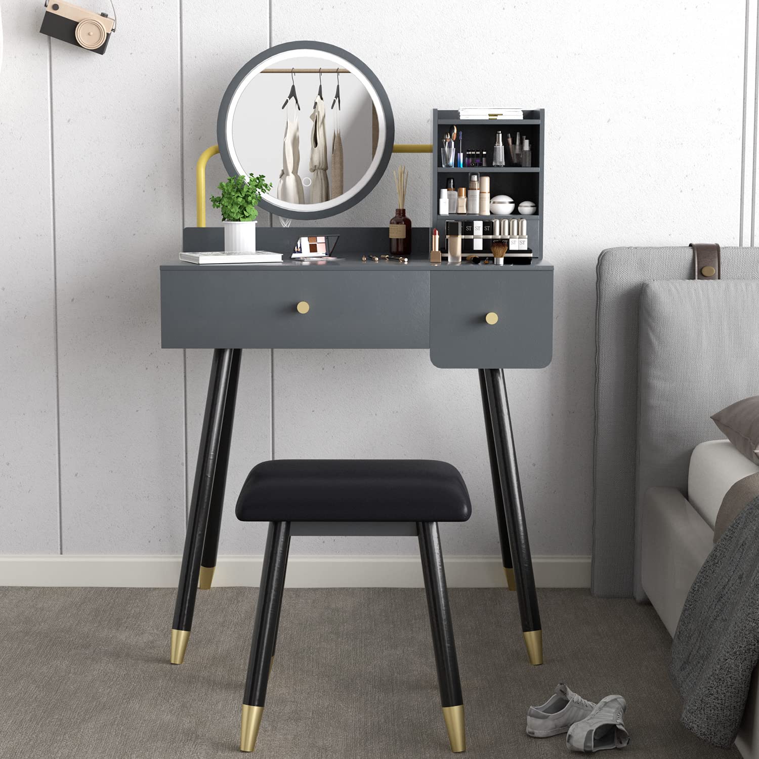 Visiblesser Vanity Desk with Mirror and Lights, 3 Color Lighting Modes Makeup Table Desk with Drawers, Make Up Vanity Table with Touch Screen Dimming Mirror, Vanity Set for Girls and Women