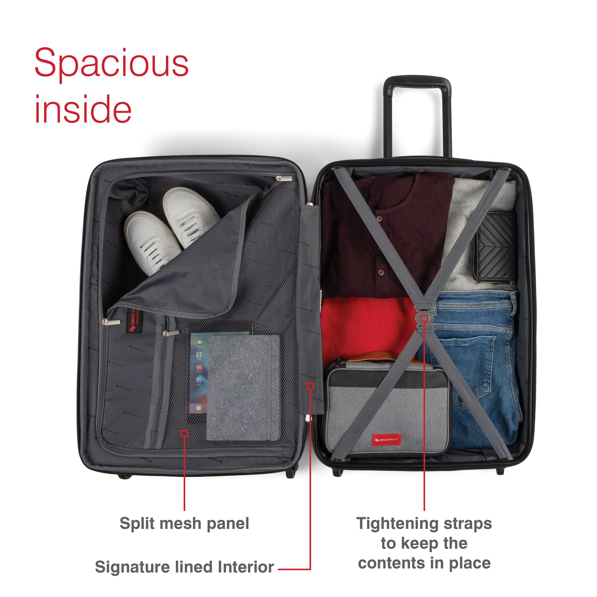 SWISS MOBILITY AHB Collection 3 Piece Hard Shell Luggage Set, Expandable Suitcases with 360-Degree Spinner Wheels, Retractable Handle, 20 Inch Carry On, 24 Inch Mid-size, 28 Inch Large Bags, Black
