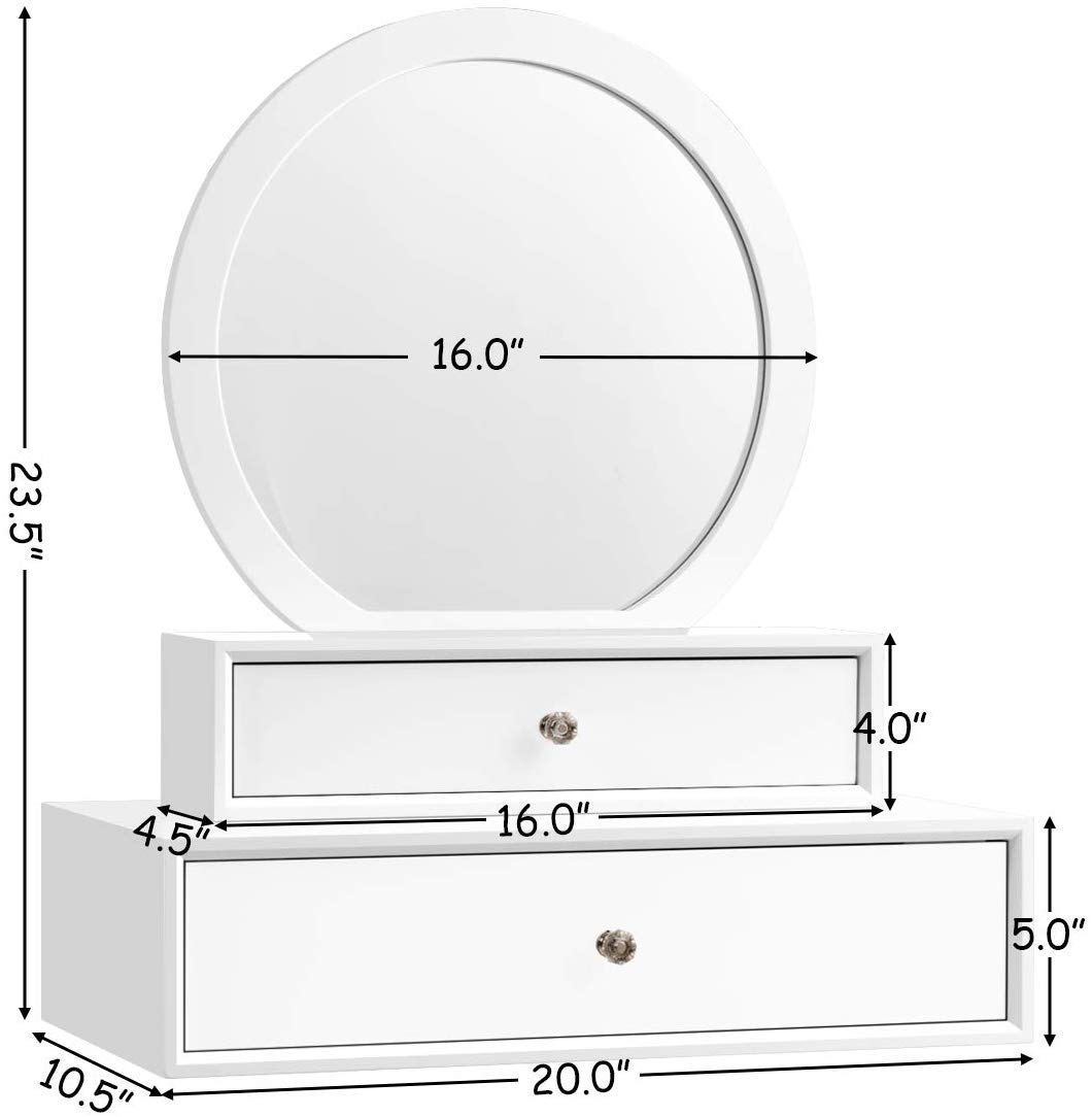 Vanity Mirror, w/ 2 Removable Spacious Drawer, 2 in 1 Vanity Table Top, Space-Saving Wall Mount & Placed on The Table, Dressing Table w/Round Mirror, Ideal for Bedroom, Bathroom &Hallway, White