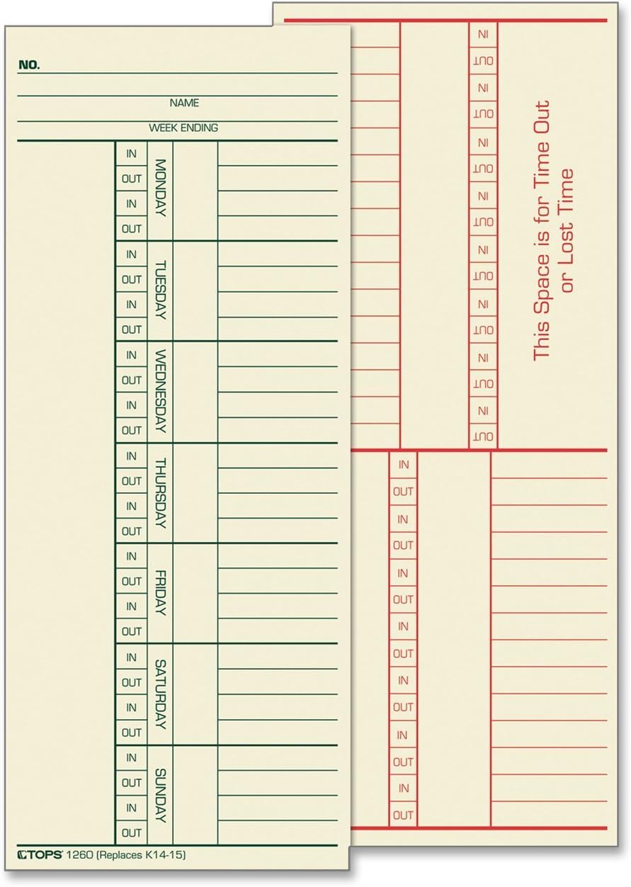 TOPS Time Cards, Weekly, 2-Sided, Named Days, 3-3/8" x 8-1/4", Manila, Green/Red Print, 500-Count (1260)