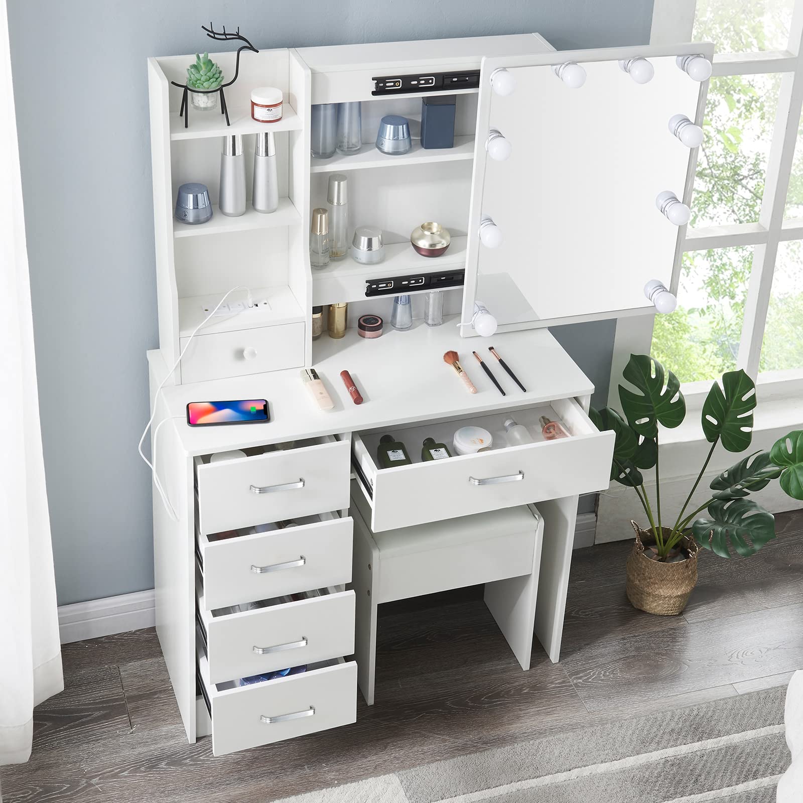 Vanity Set Makeup Dressing Table with Light and Mirror, Cushioned Stool for Bedroom, Dressing Desk for Girls Women, Vanity Desk with 6 Drawers, White