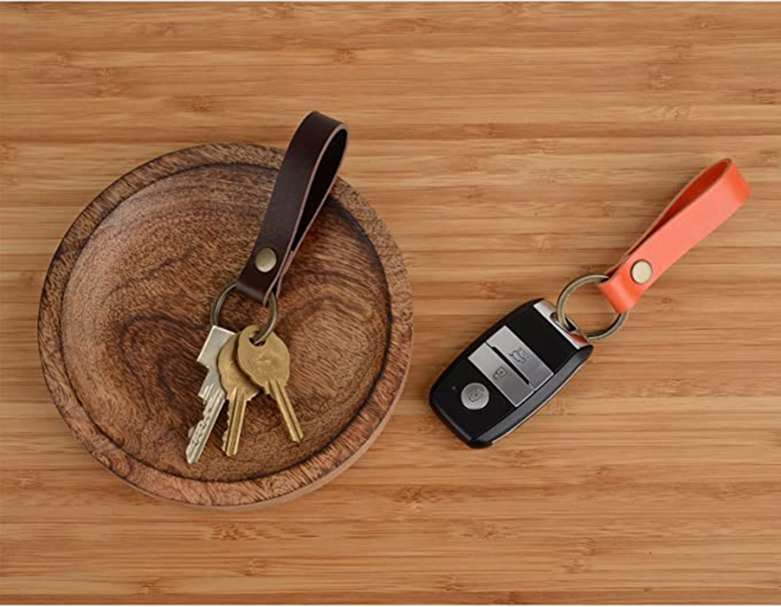 Zittop Leather Keychain POB Solid Metal Bronze Handcraft Key Ring Lanyard Handmade (Coffee colour)