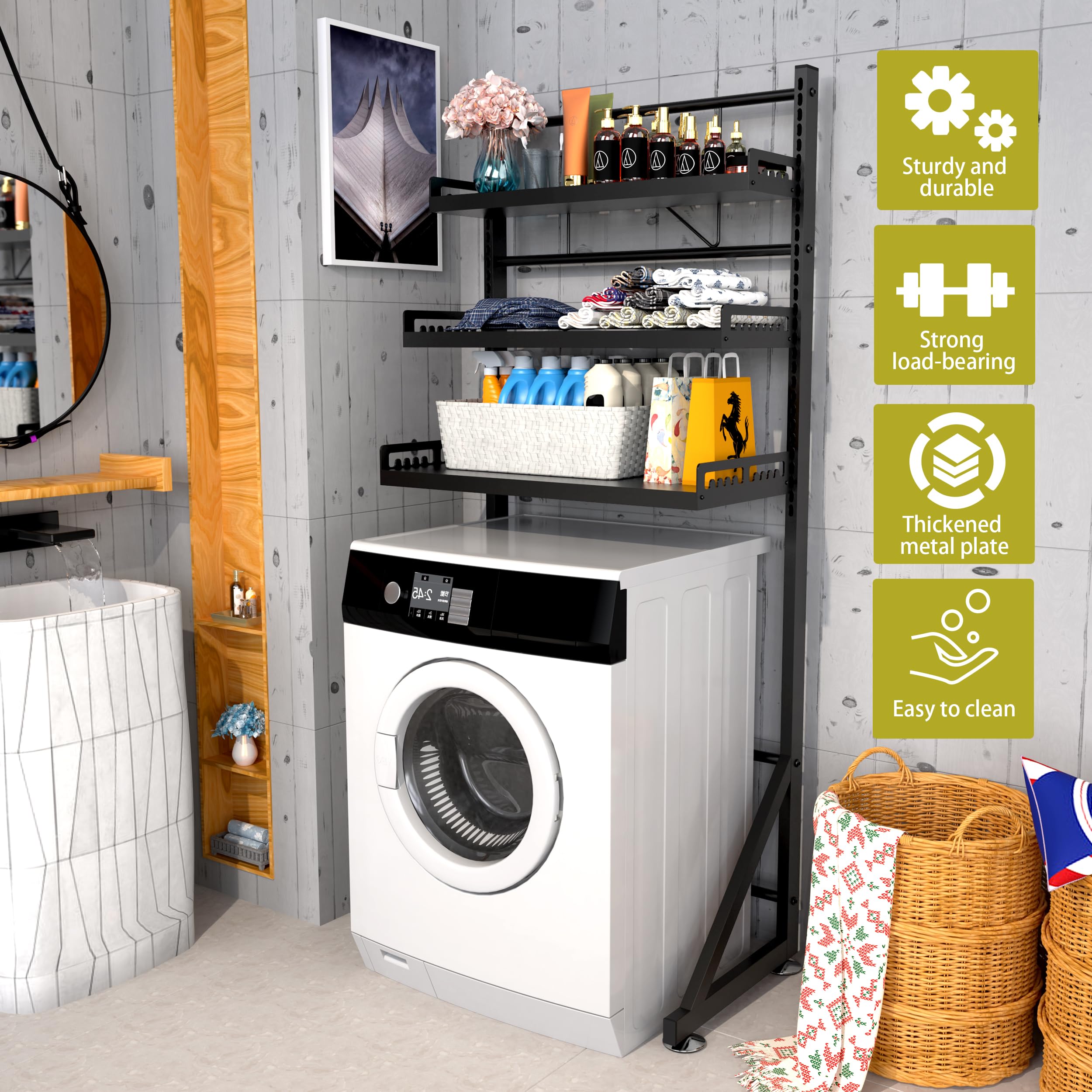 Supfirm 3-Tier Height Adjustable Washing Machine Storage Rack, Bathroom Large Storage Rack Organizer for Space Saver (Black)