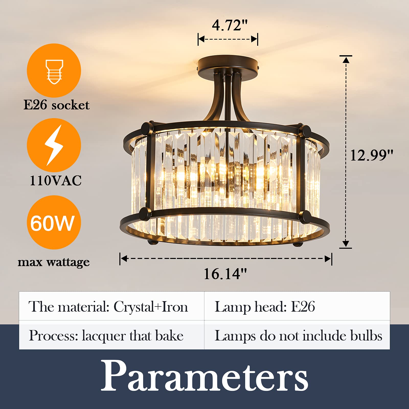 YYJLX 6-Light Black Semi Flush Mount Crystal Chandelier Metal Modern Ceiling Light Fixture Lighting for Living Room Dining Room Kitchen Bedroom Foyer Hallway