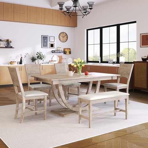 WOXYX Modern Style 6-Piece Wood Half Round Dining, Kitchen Tables-Set with Long Bench and 4 Chairs, Natural