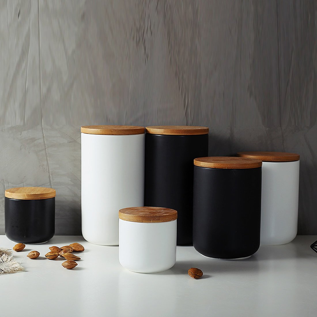 YYW Ceramic Jar with Lid, Kitchen Canisters Set with Airtight Seal Bamboo Lid, Black White Food Storage Canister for Tea, Coffee Bean, Sugar, Flour (Black:three piece)