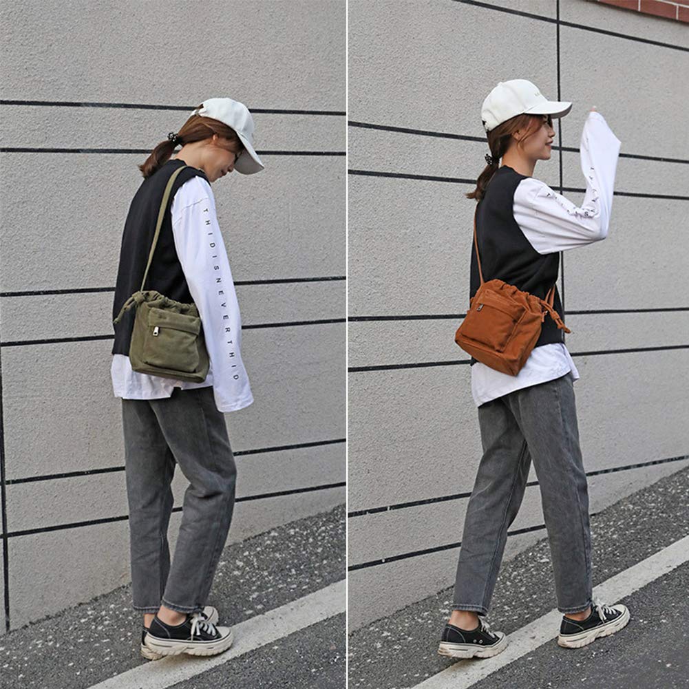 Women Small Canvas Purse Crossbody Bag Ladies Cute Little Drawstring Bucket Boho Purses, White
