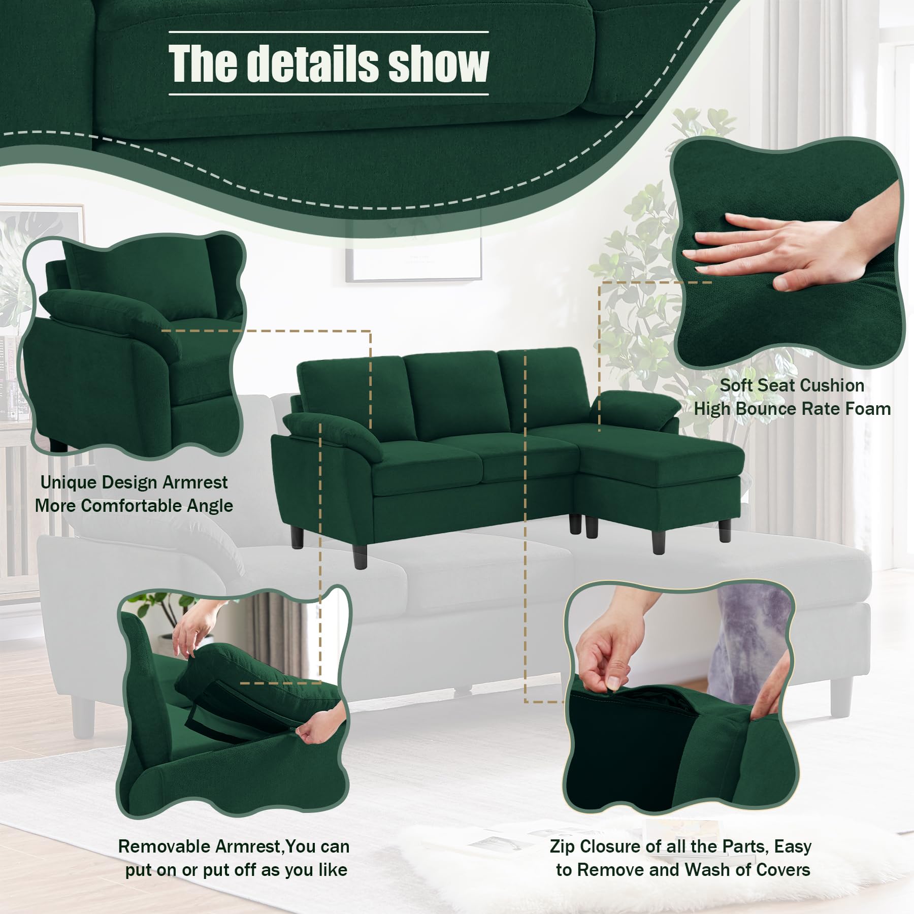 Tornama 79" Convertible Sectional Sofa, Small L Shaped 3 Seat Couch with Reversible Chaise, Modern Linen Fabric Sofa Couches for Living Room, Apartment and Small Space, Green