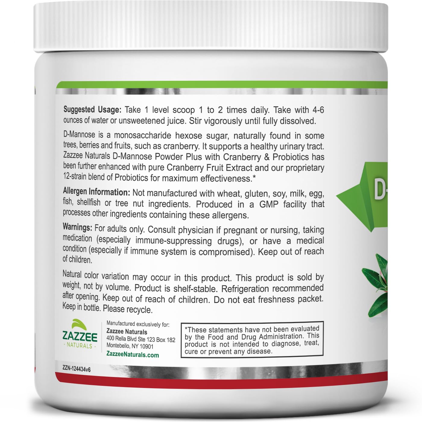 Zazzee D-Mannose Powder Plus, 2000 mg, 67 Servings, Potent & Fast-Acting, Plus 5 Billion CFU Probiotics and Pure Cranberry Juice Extract, Free Scoop, 6.5 Oz, Vegan, Gluten-Free, Non-GMO, All-Natural