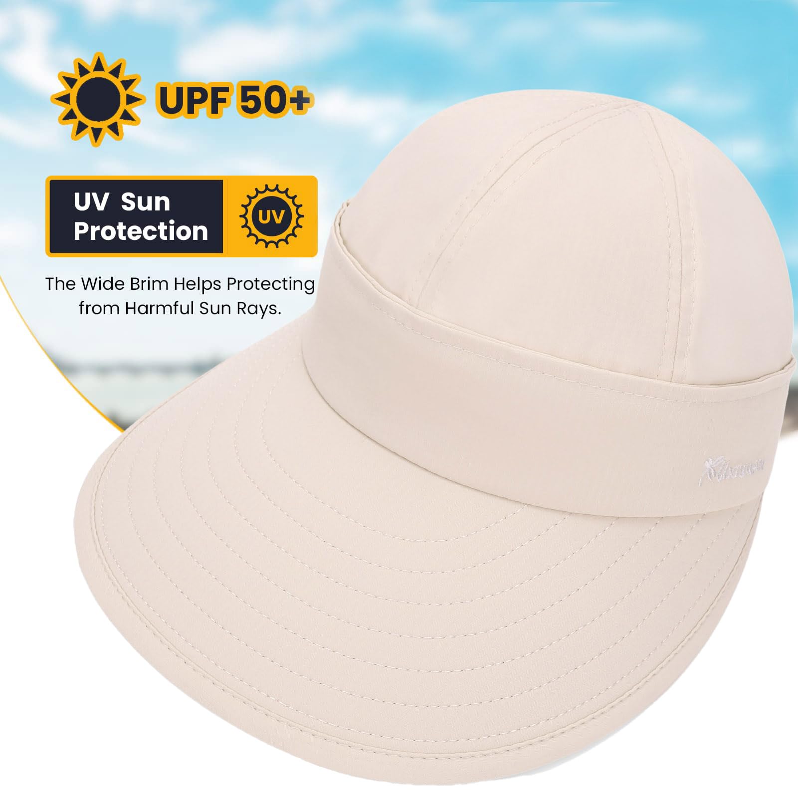 Women Sun Protection Hiking Hat,Foldable Wide Brim Visor Hats UPF 50+ with Removable Mesh Flap for Womens High Ponytail Black