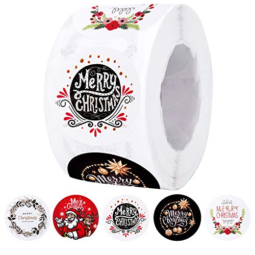 Yoption Merry Christmas Stickers Roll 1.5 Inch, 500 Round Christmas Tags, Multiple Designs (5 Patterns)